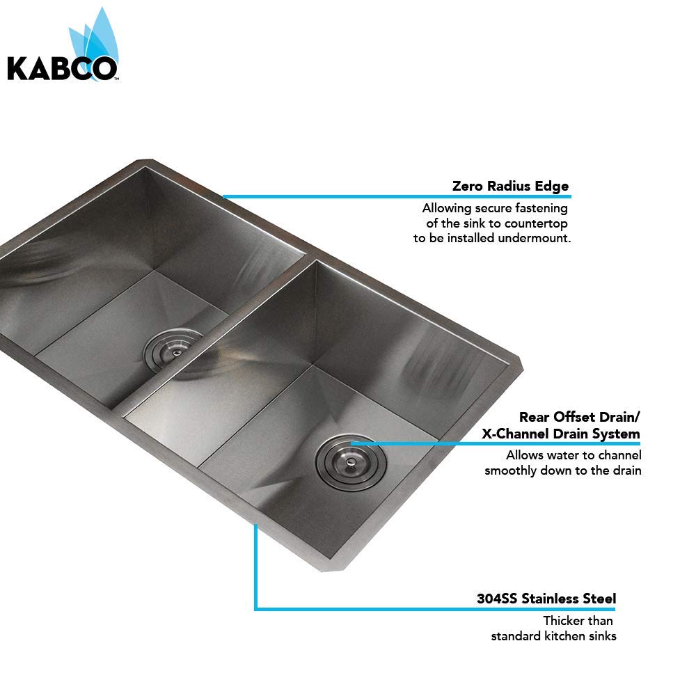 KABCO 32 Inch 16 Gauge Extra Thick Undermount Zero Radius Double Bowl Handmade Kitchen Sink with Stainless Steel Sink Strainers Bottom Sink Grids and a Rolling Grid Combo Package