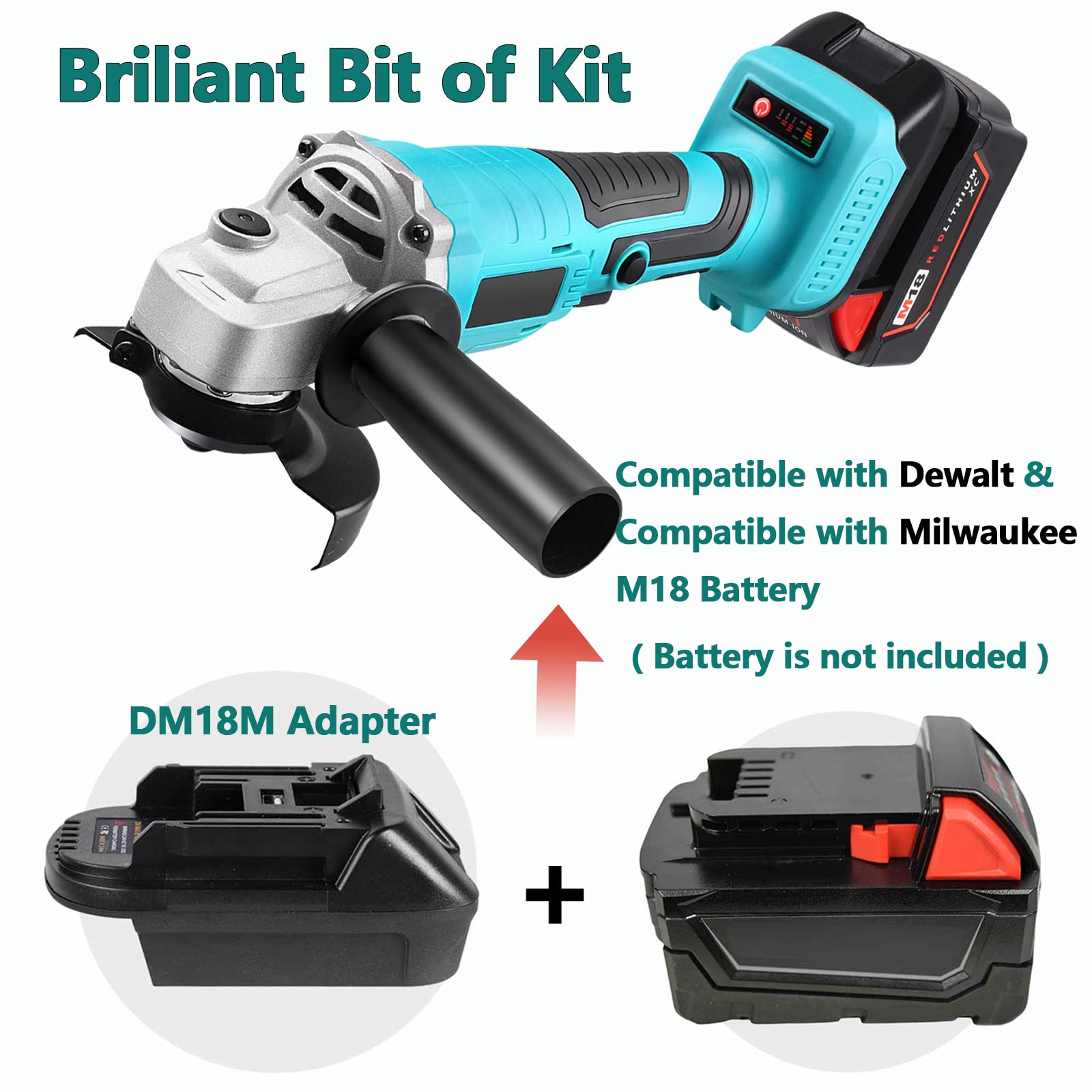 Cordless Angle Grinder, 18V variable speed metal grinders w/DM18M Battery Adapter,10000RPM Brushless Motor, 3/8 arbor, 110V 4-inch high power(Battery not include)