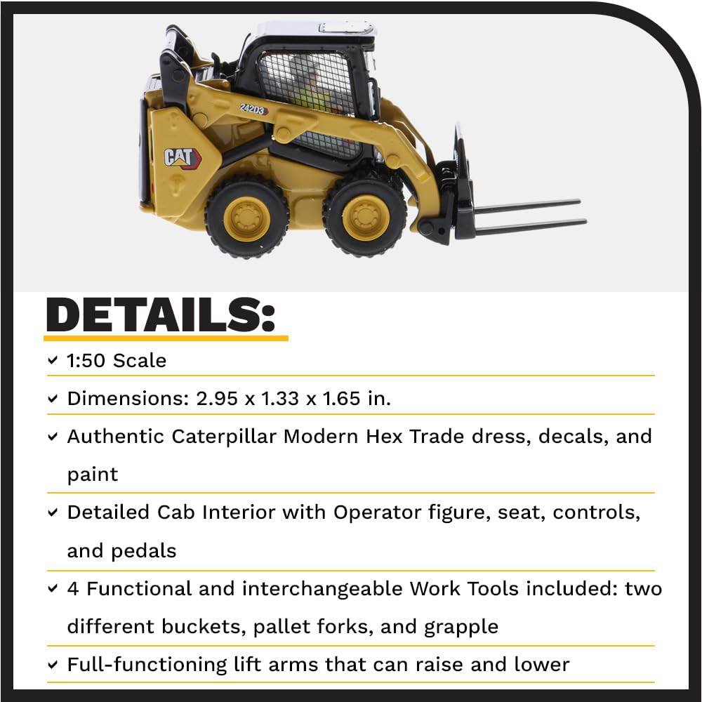 Diecast Masters 1:50 Caterpillar 242D3 Skid Steer Loader with Attachment Accessories | High Line Series Cat Trucks & Construction Equipment | 1:50 Scale Model Diecast Collectible | DM Model 85676