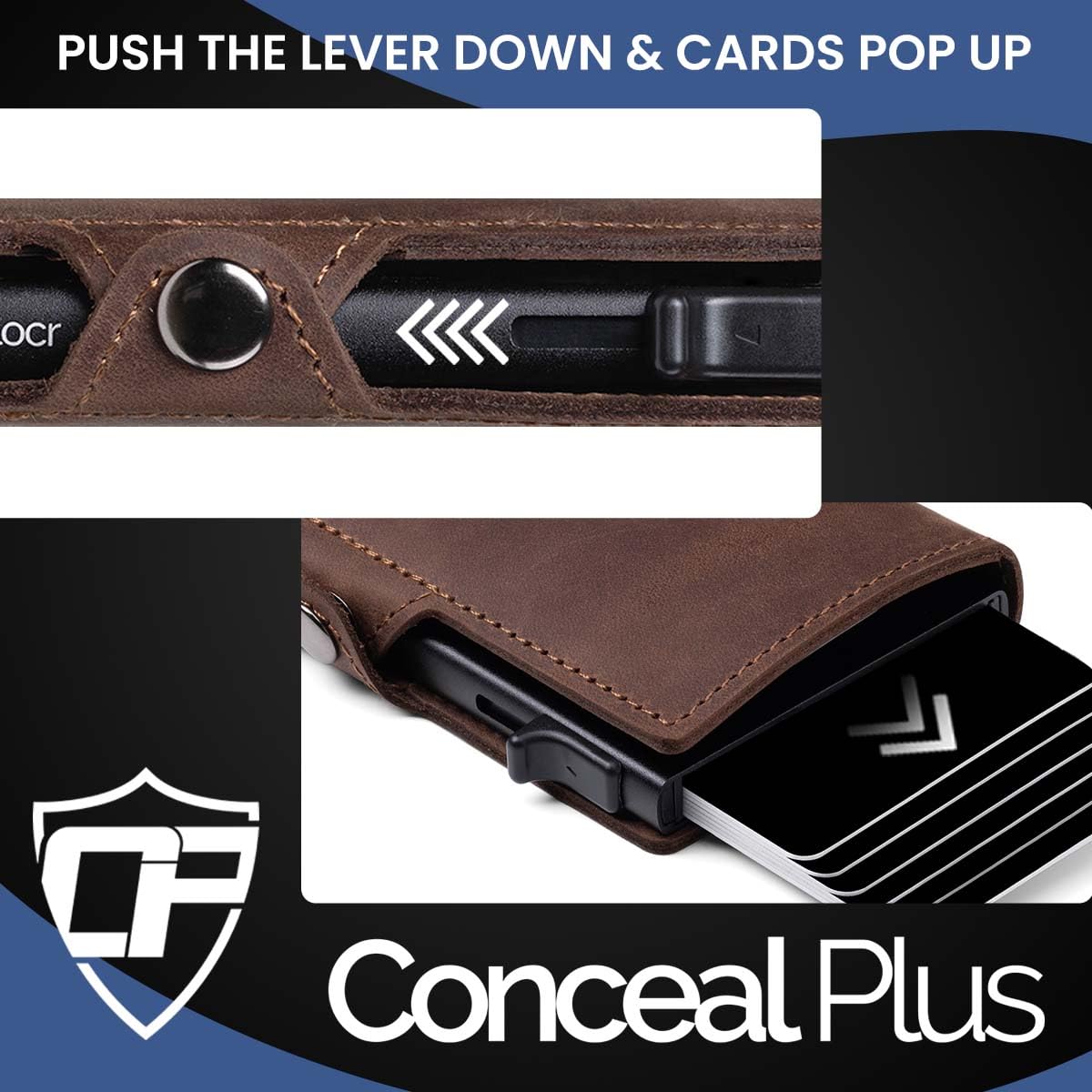 Conceal Plus Wallet for Men, Pop Up Wallet Credit Card Holder - RFID Blocking, Slim Minimalist Credit Card Case (Distressed Brown Genuine Leather)