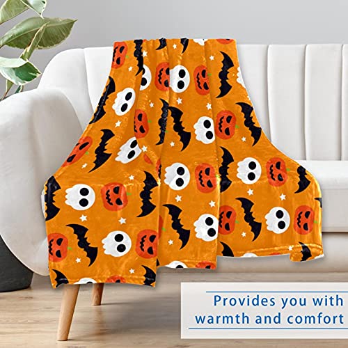 Halloween Skull Pumpkin Bat Pattern Prints Soft Warm Cozy Blanket Throw for Bed Couch Sofa Picnic Camping Beach, 150×100cm