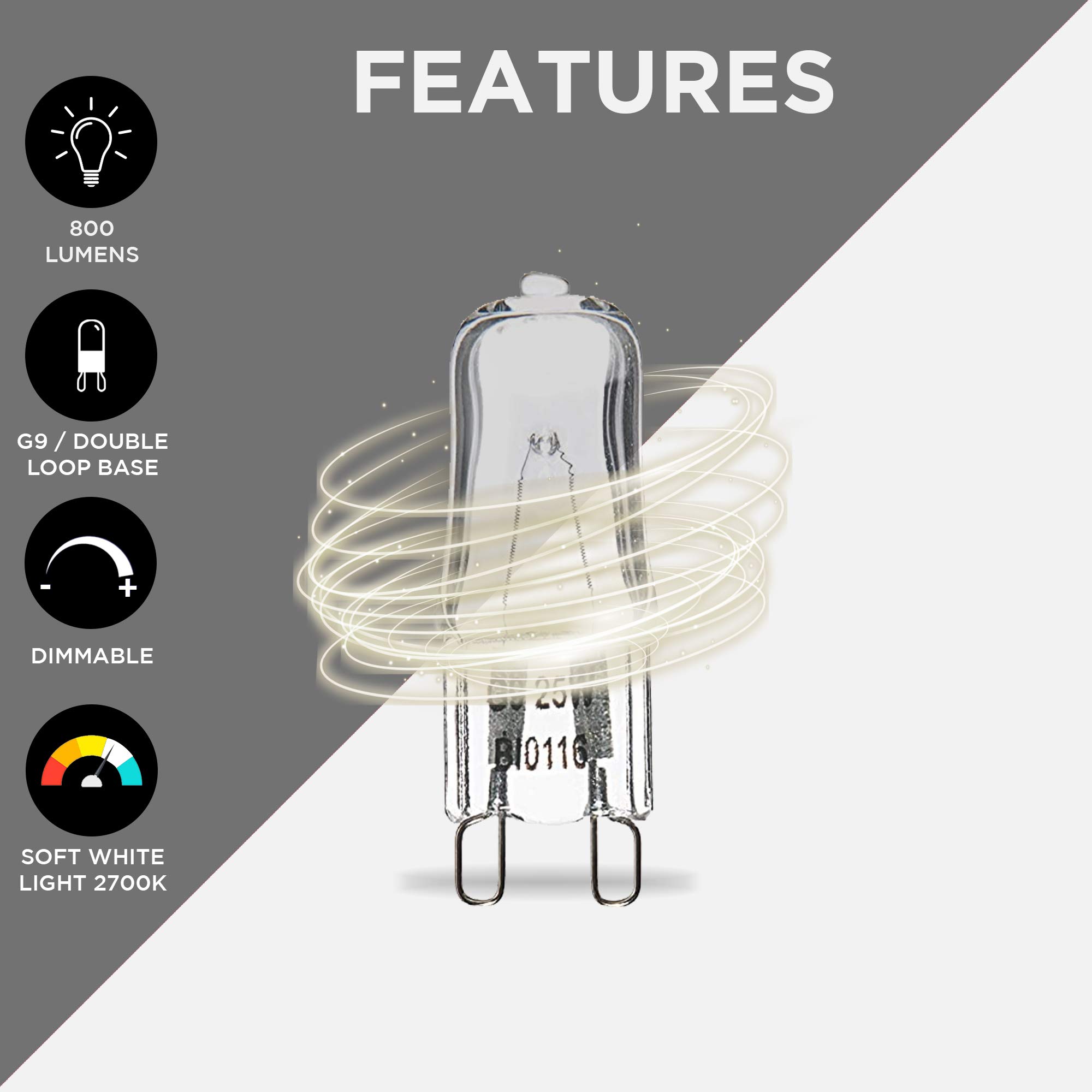 Brite Innovations G9 Halogen Bulb, 60 Watt β 6 Pack β Energy Saving - Dimmable - Soft White 2700K - 120V - Q40, CL, T4 JD Type, Clear Light Bulb