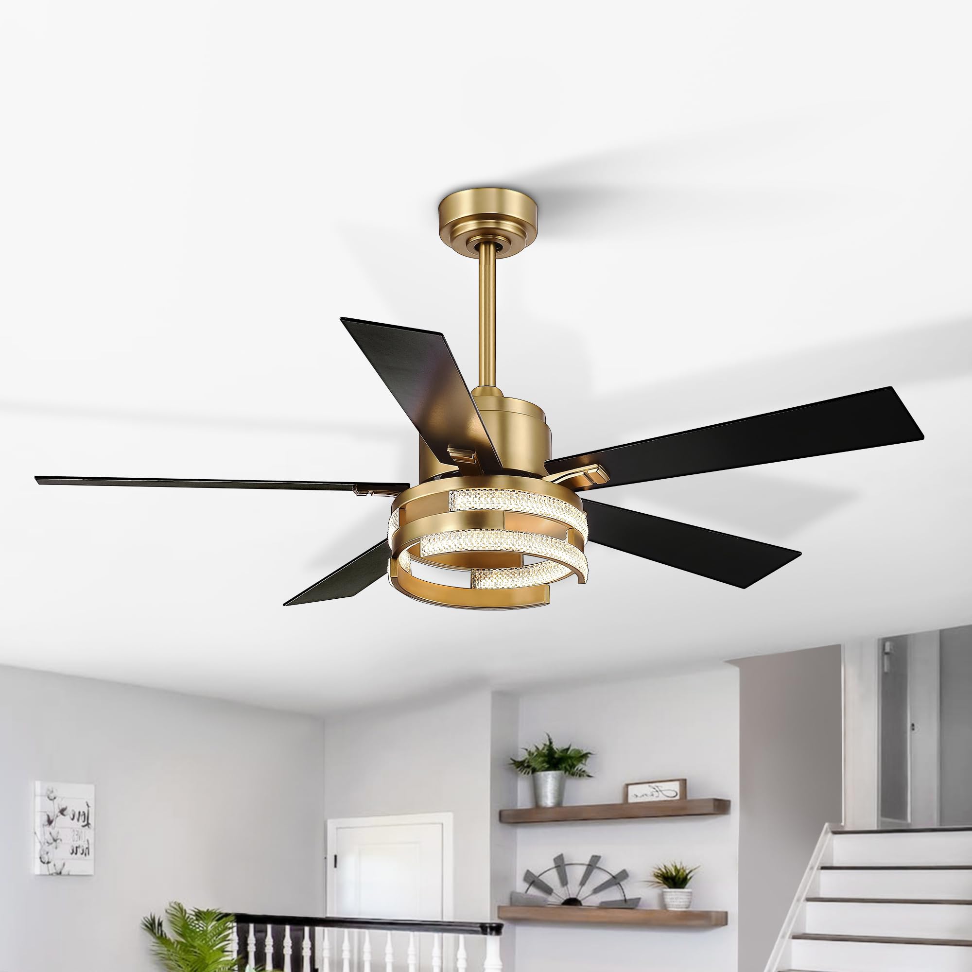 Breezary Ceiling Fans with Lights, 52 inch 5 Blade Industrial Gold Ceiling Fan Remote Control, Reversible AC Motor, Caged Light Fixture Chandelier for Bedroom