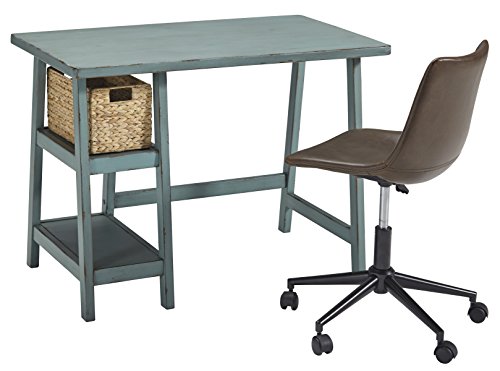 Signature Design by Ashley Mirimyn Vintage 42" Home Office Desk with Basket, Distressed Blue,Teal