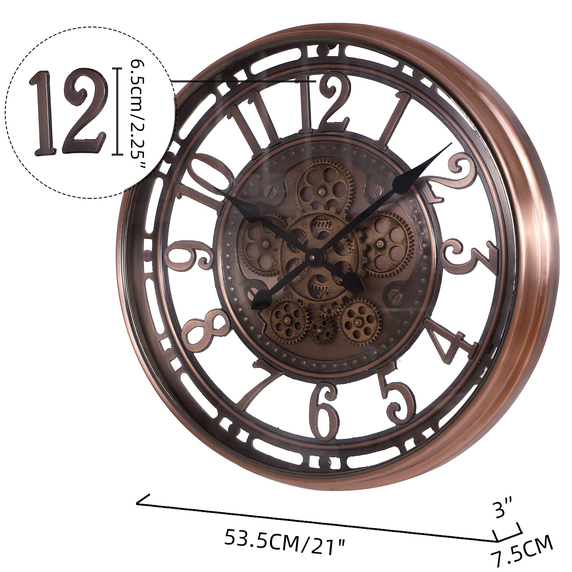 INFINITY TIME 21 Inch Moving Gears Wall Clock,Large Wall Clocks for Living Room Decor,Metal Decorative Wall Clock,Copper Roman Numeral