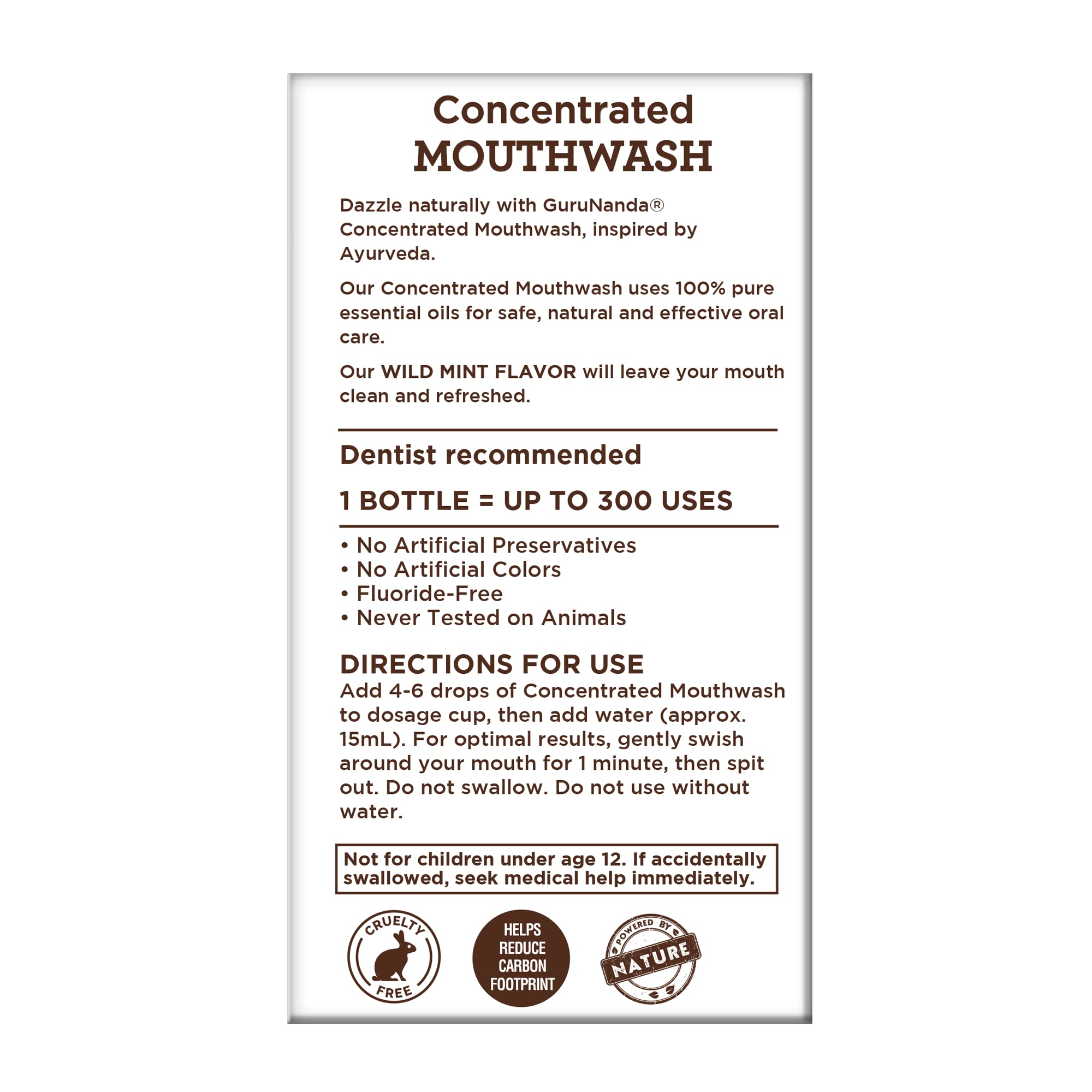 GuruNanda Concentrated Mouthwash, Helps with Bad Breath, Promotes Teeth Whitening, Made with 100% Natural Essential Oils, 1 Bottle Equals 300 Rinse, Fluoride-Free - Mint Flavored (2 oz)