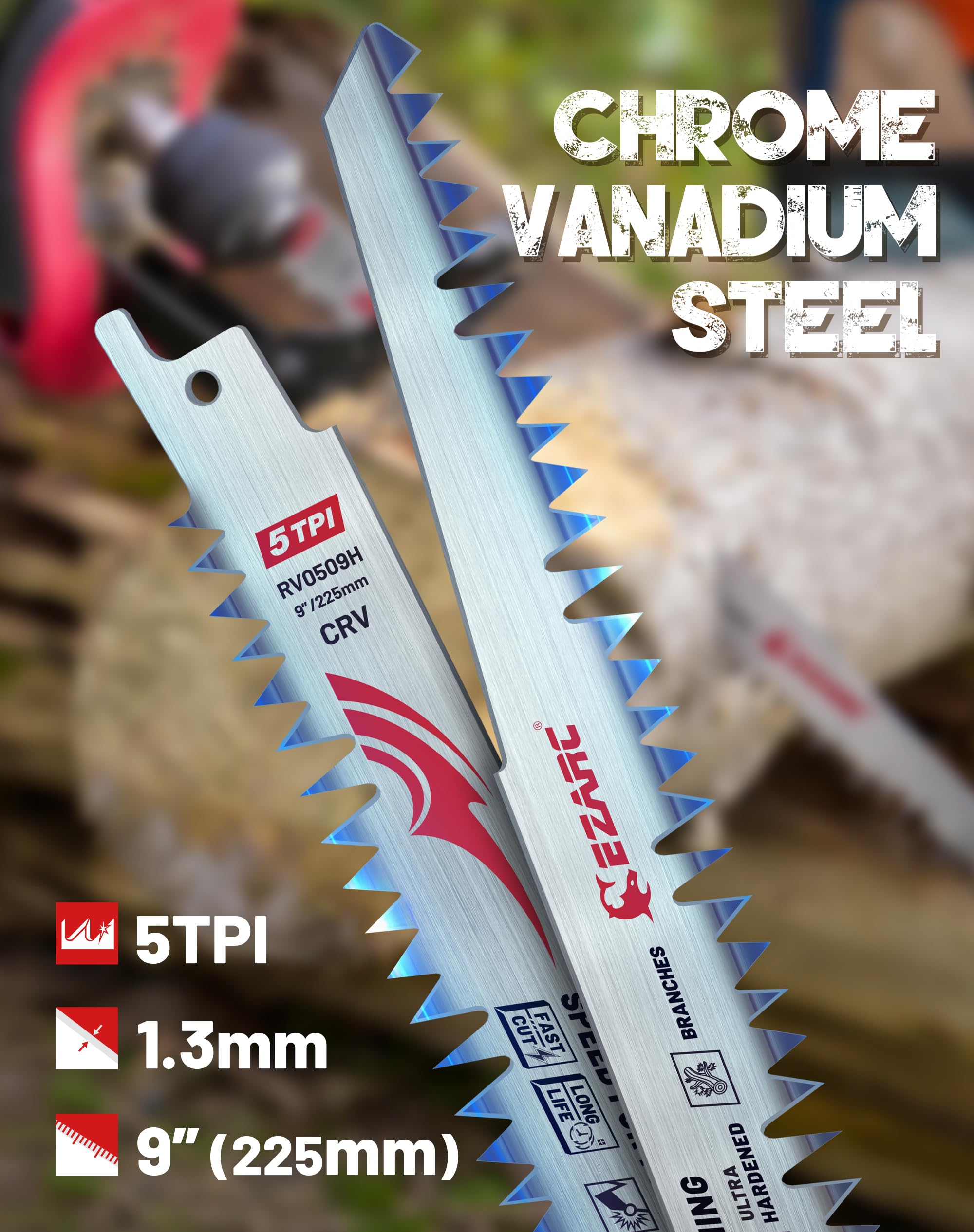 EZARC Wood Pruning Reciprocating Saw Blade 9 Inch, Fleam Ground Teeth Pruning Saw Blades for Tree Trimming, Wood/Wet Wood Cutting, 5 Pieces
