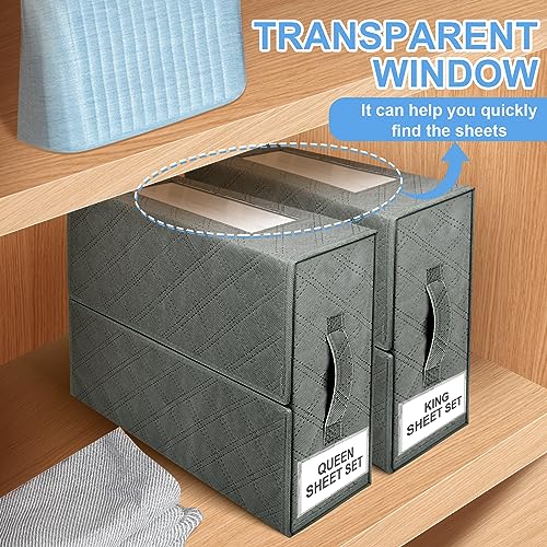 Erarrow Foldable Bed Sheet Set Organizer, Storage Box for Duvet Cover Set with Clear Window and Handles, Linen Closet Organizer for Bedding Clothes Blankets, 2 Pack (Queen or King Size),Dark Grey