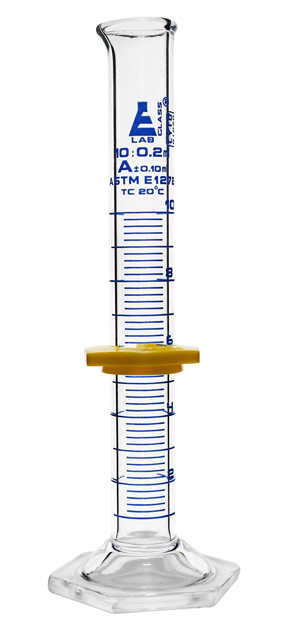 EISCO Graduated Cylinder, 10mL - ASTM, Class A Tolerance ±0.10mL - Protective Collar, Hexagonal Base - Blue Graduations - Borosilicate 3.3 Glass