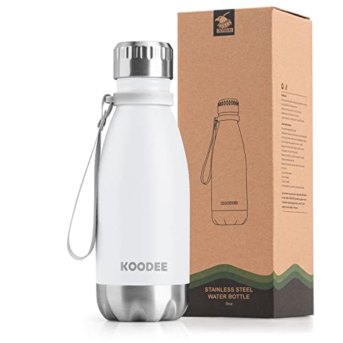 koodee Water Bottle-9 oz Stainless Steel Double Wall Vacuum Insulated Water Bottle, Cola Shape Leak Proof Sports Bottle for School (White)