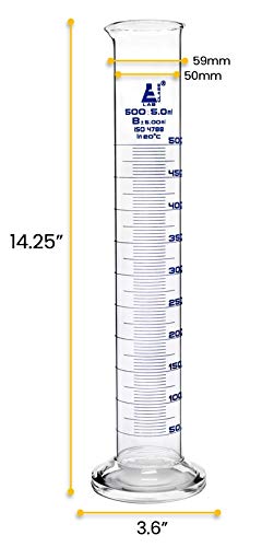 EISCO Graduated Cylinder, 500ml - Class B Tolerance ±5.00ml - Round Base - Blue Graduations - Borosilicate 3.3 Glass