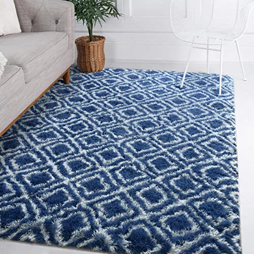 Guucha Soft Plush Fluffy Carpets, 5'x8' Fluffy Rugs, Geometric Moroccan Shaggy Rugs for Living Room Bedroom Nursery Room Kids' Room, White/Blue