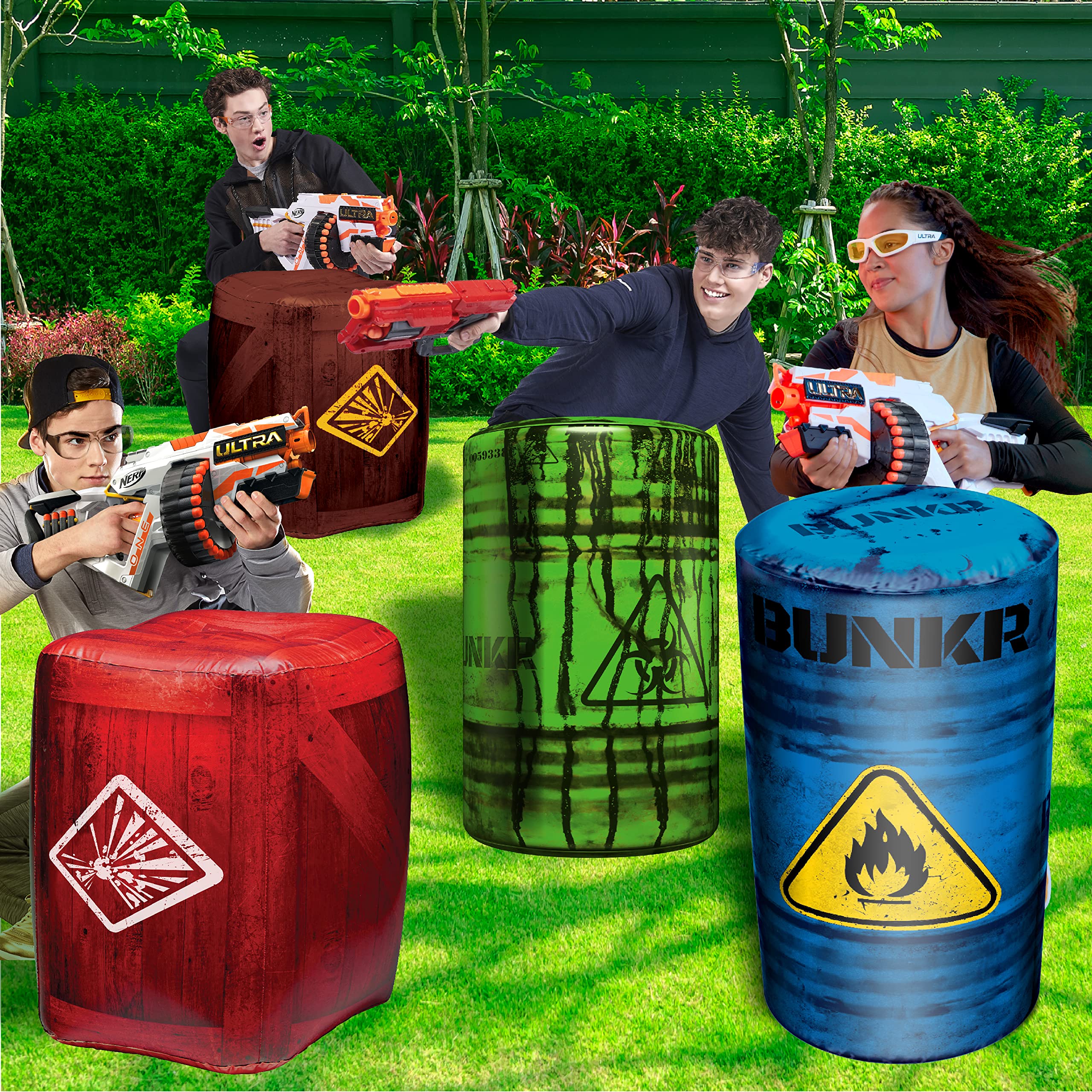 BUNKR BattleZones Battle Royale Inflatable Bunker Fort - 4 Piece Barricade Shield Set Crates and Barrels - Perfect for NERF Party