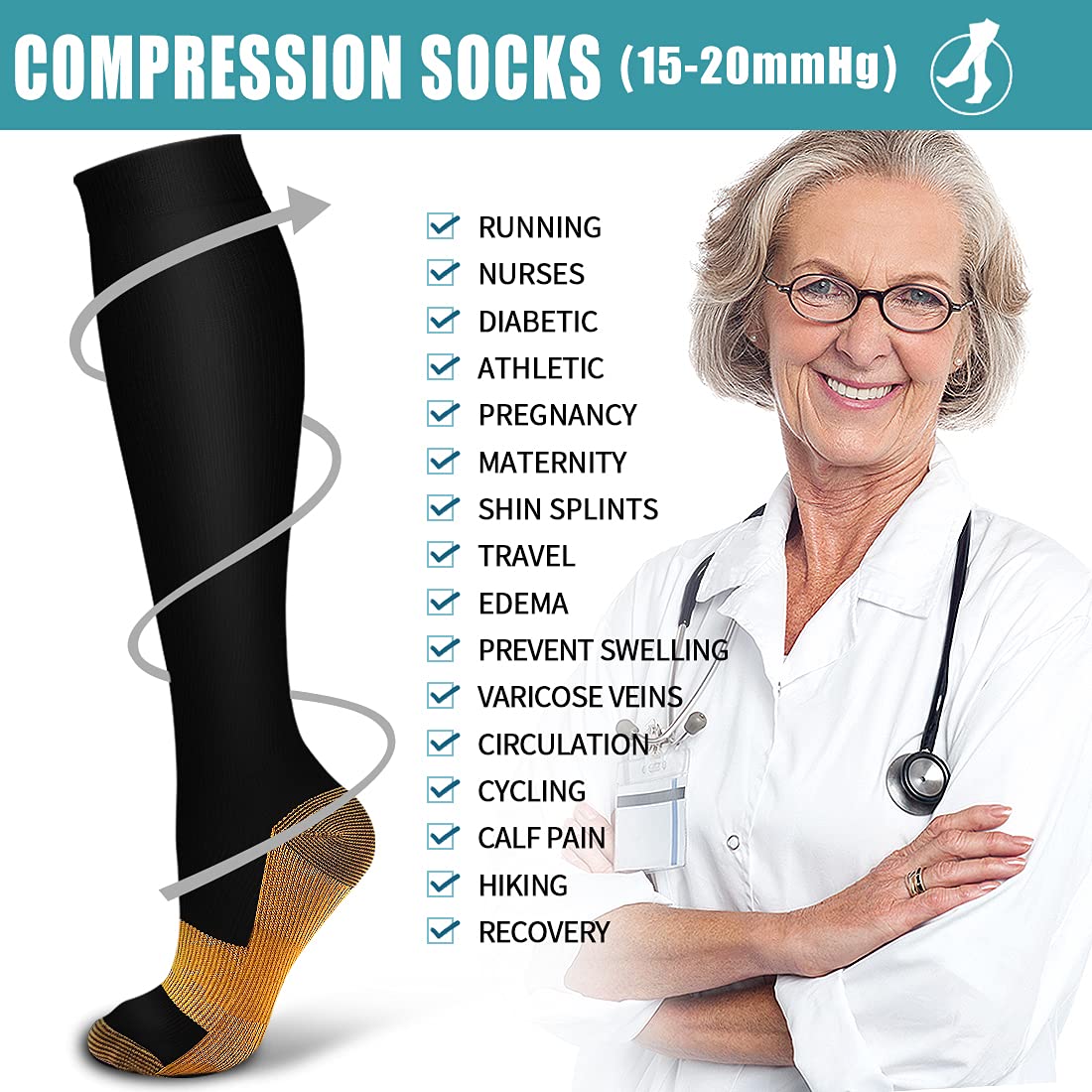 Bluemaple Copper Compression Socks For Women & Men Circulation (8 Pairs) - Best for Running,Hiking, Cycling,Travel,Pregnancy