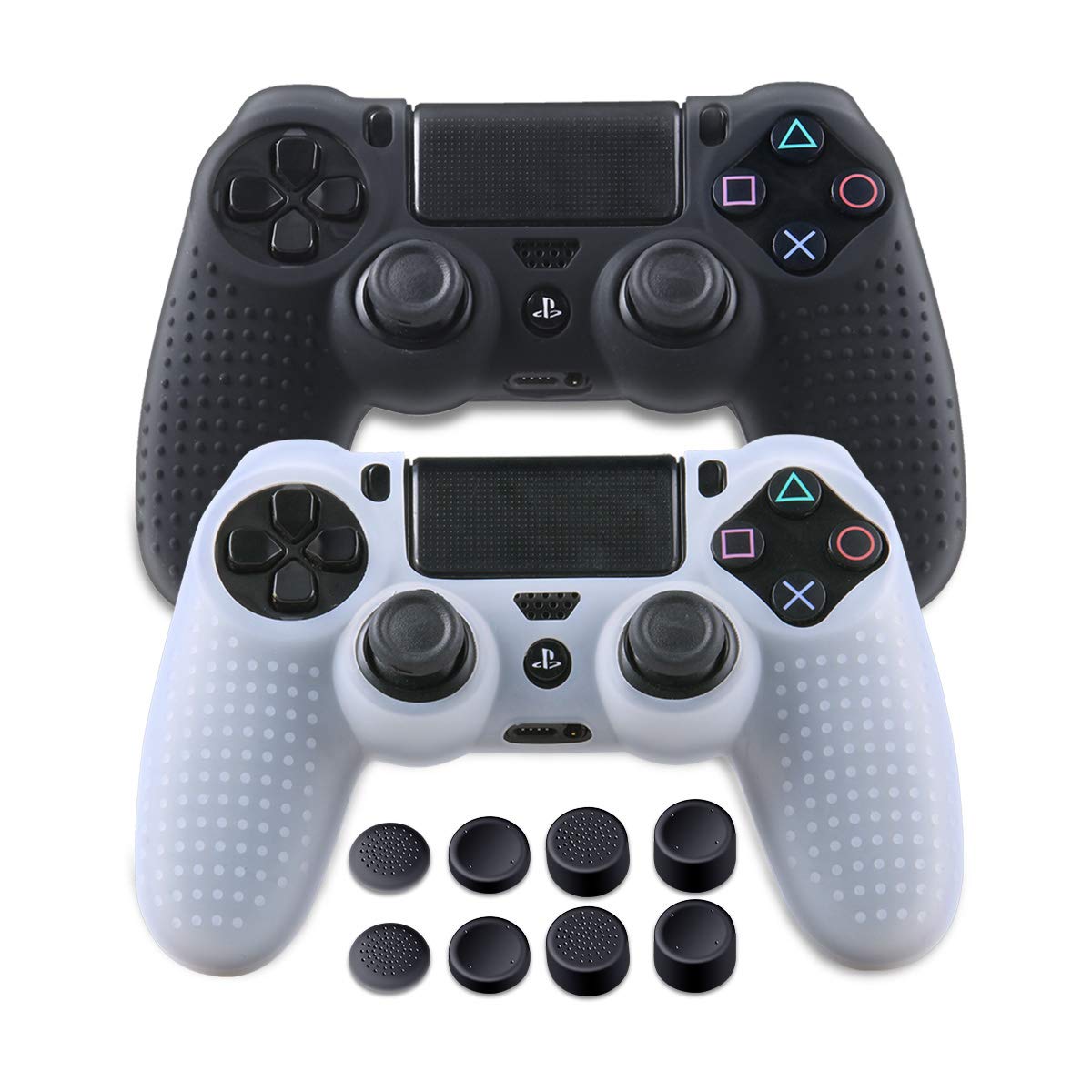 Silicone Covers Compatible with PS4 Controller - 2 Pack Anti-Slip Protector Controller Case Skins - with 4 Pairs Thumb Grips - Black & White