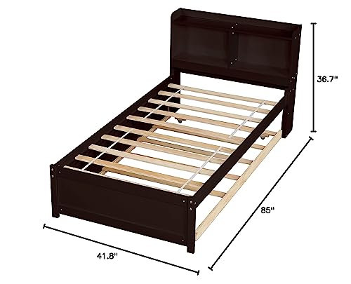 ERDAYE Twin Size Platform Bed Sets with Pull Out Trundle & Bookcase, Solid Wood Bedframe with Storage Shelves for Boys and Girls Bedroom Furniture Daybed, Space Saving Design, Espresso