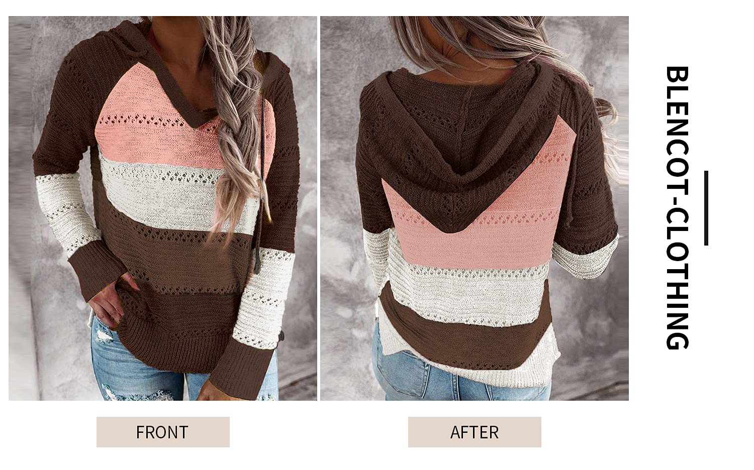 BLENCOT Women's Cute Color Block Drawstring Pullover Sweatshirts Fashion Knitted Tops Autumn Long Sleeve Hoodies Sweater Brown L