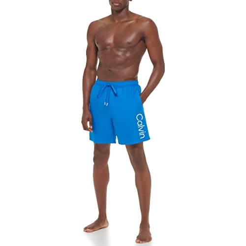 Calvin Klein Men's Standard UV Protected CK Logo Print Quick Dry Swim Trunk, Lake, XX-Large