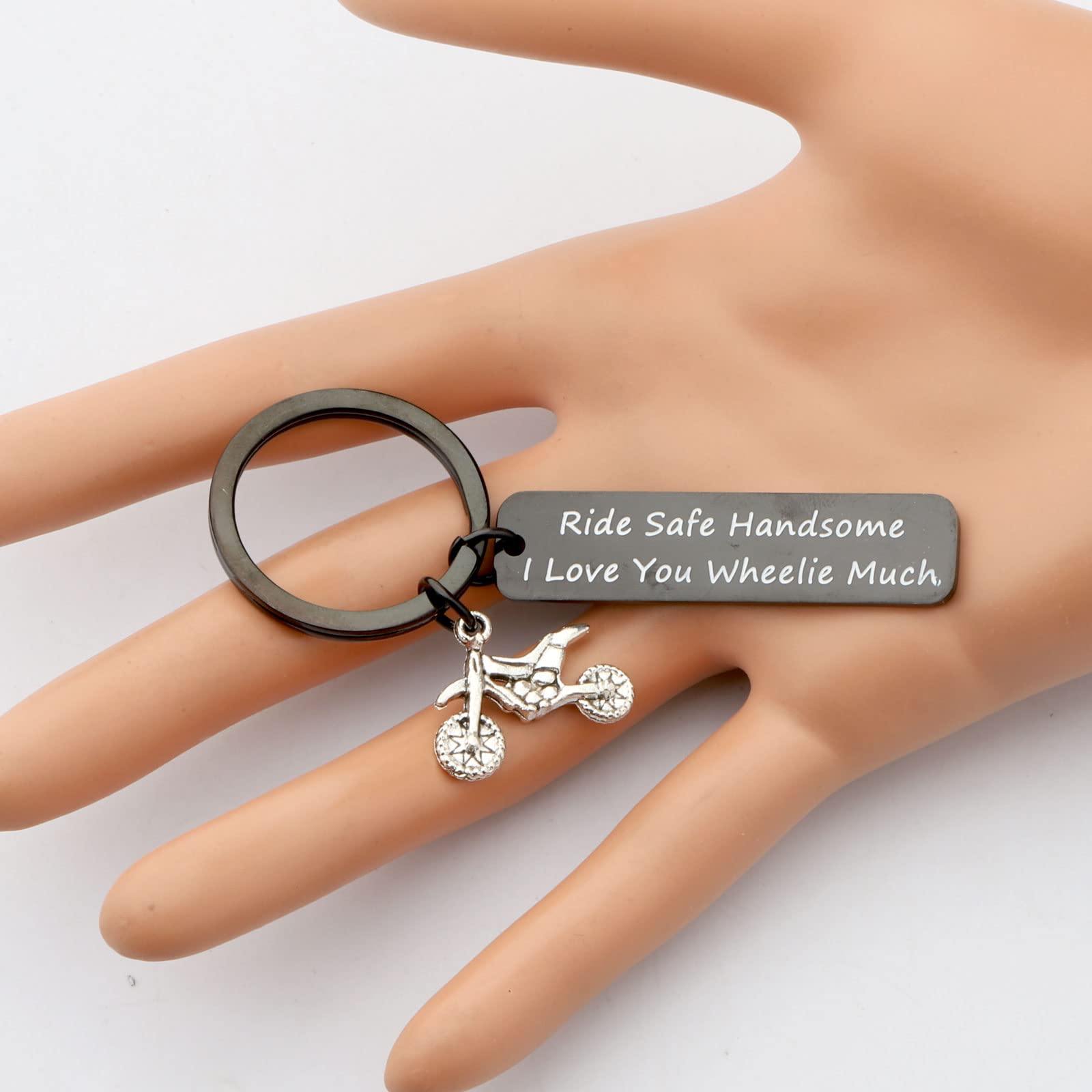 BLEOUK Dirt Bike Driver Boyfriend Husband Gift Ride Safe I Love You Wheelie Much Motorcycle Keychain for Him (RIDE WHEELIE black)