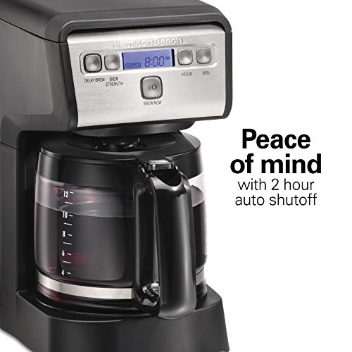 Hamilton Beach 12 Cup Compact Programmable Drip Coffee Maker with No-Drip Burosilicate Glass Carafe, 2-Hour Auto Shutoff, Space-Saving Design, Black with Stainless Steel Accents (46200)