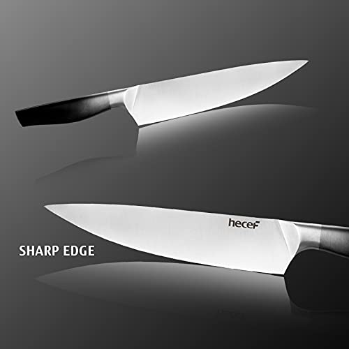 hecef Gradient Black Kitchen Knife Set of 5, Chef Knife Set with Satin Finished Blade & Hollow Handle & Protective Sheaths, Includes Chef, Santoku, Bread, Utility & Paring Knife