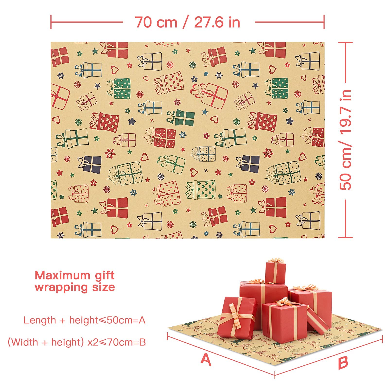 BOENFU Christmas Wrapping Paper, 8 Sheets Recyclable Kraft Paper for Xmas, 70x50CM in Folded Gift Wrap Paper