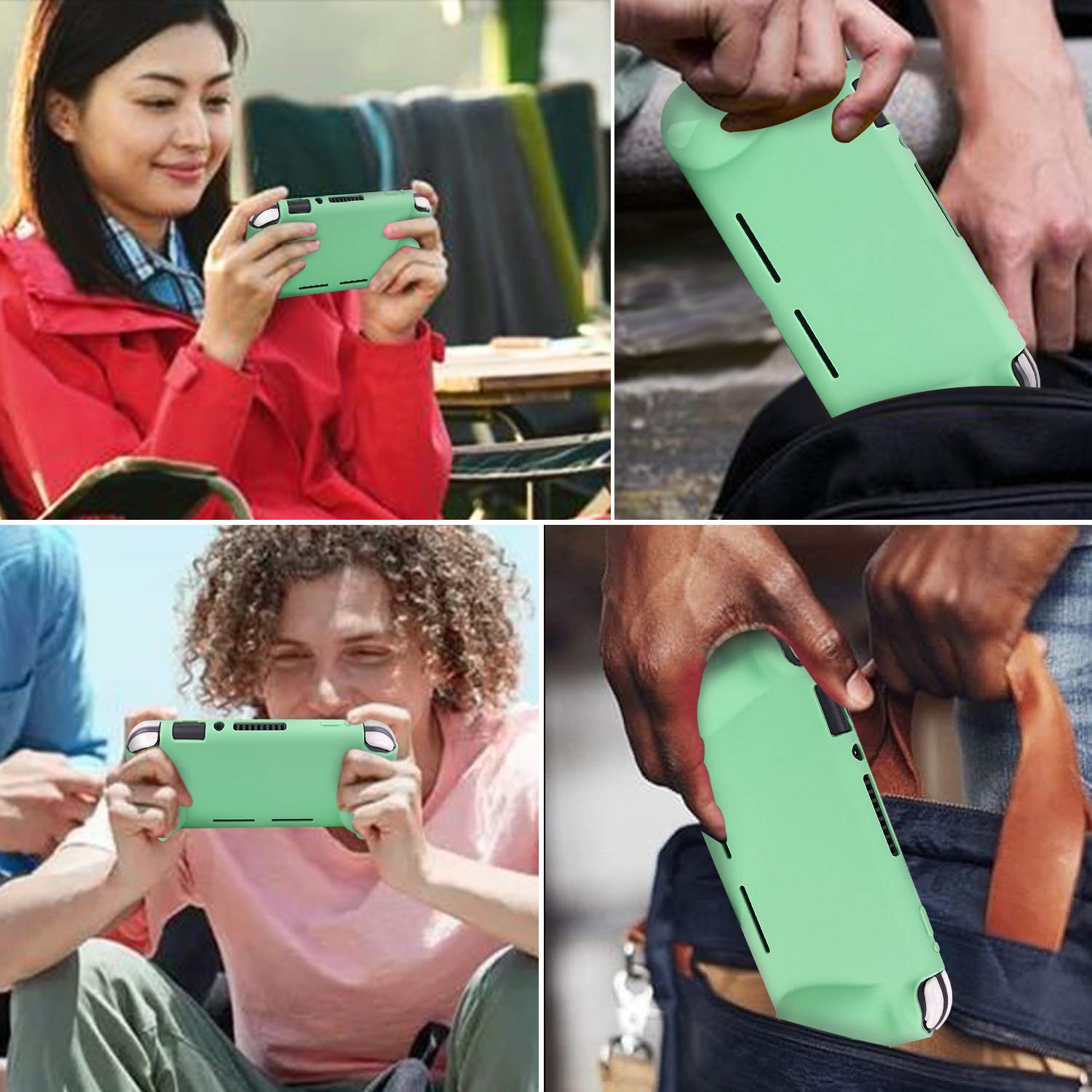 Silicone Protective Case for Nintendo Switch Lite, Soft Grip Case Cover with Comfort Ergonomic Handles for Nintendo Switch Lite 2019 [Self Stand][4 Thumb Stick Caps] (Silicone Grip-Green)