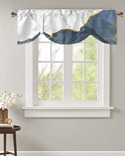 Marble Blue Haze Tie Up Valance Curtain for Kitchen Living Room Bedroom Bathroom Cafe, Rod Pocket Small Short Window Drape Panel Adjustable Drapary Print, Modern Abstract Gold White Gray 54"x18"