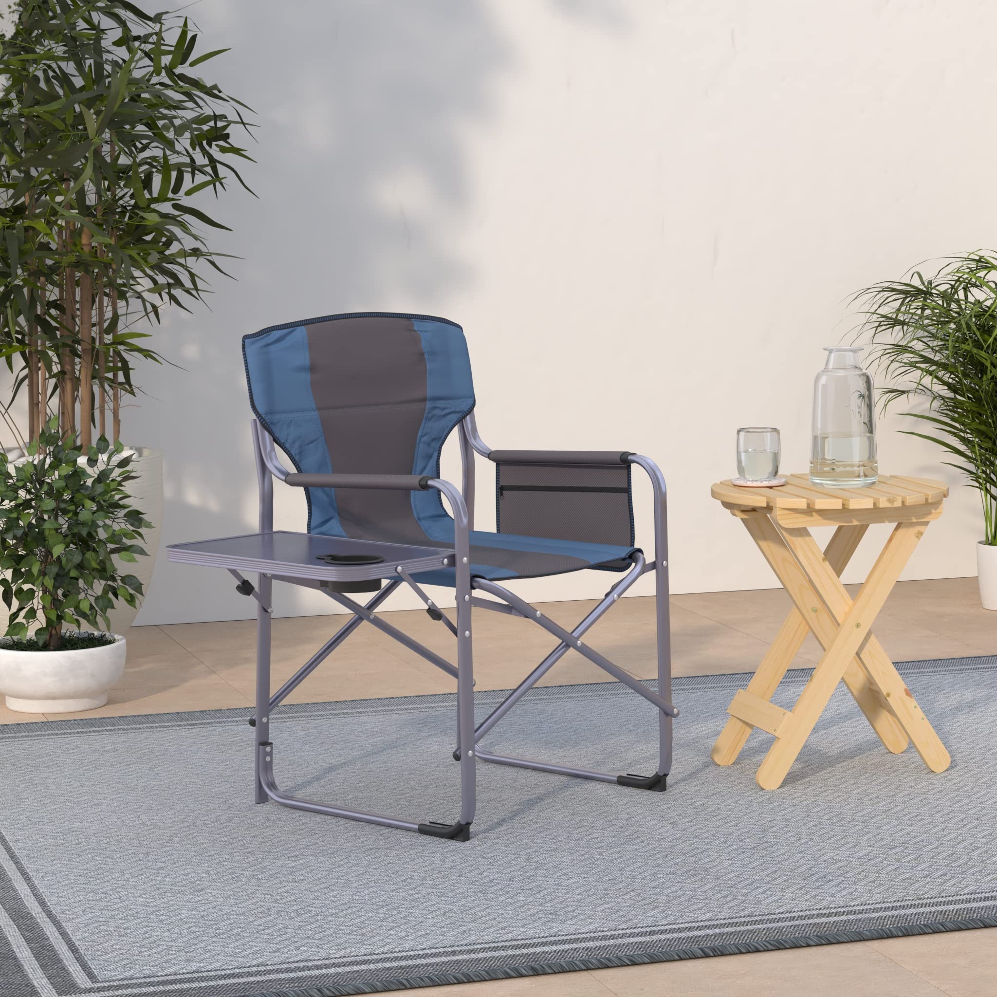 CAMPMAX Oversized Camping Chairs for Adults 2 Pack, Sturdy Heavy Duty Folding Director Chair with Side Table, Portable for Outdoor Outside Sport Lawn, Blue 2 Pack