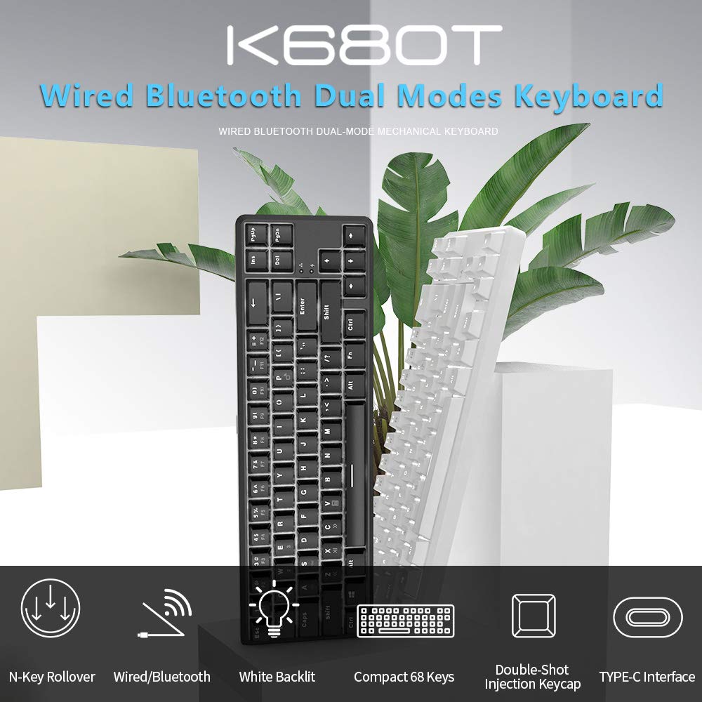 NACODEX K680T 60% Wireless/Wired Mechanical Keyboard - Compact 68 Keys 1000mAh Rechargeable Gaming/Office Keyboard Multi-Device for iOS Android Windows and Mac (Blue Switch White Backlit Black)