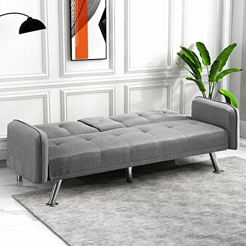 IULULU Futon Sofa Bed, Convertible Couch with 2 Cup Holders, Loveseat with Armrest for Studio, Apartment, Office, Living Room, Light Grey
