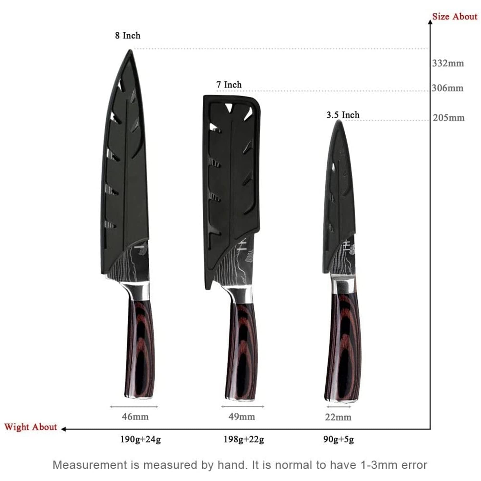FULLHI Knife Set 3 Pieces Japanese Knife Set, Premium German Stainless Steel Kitchen Knife Set