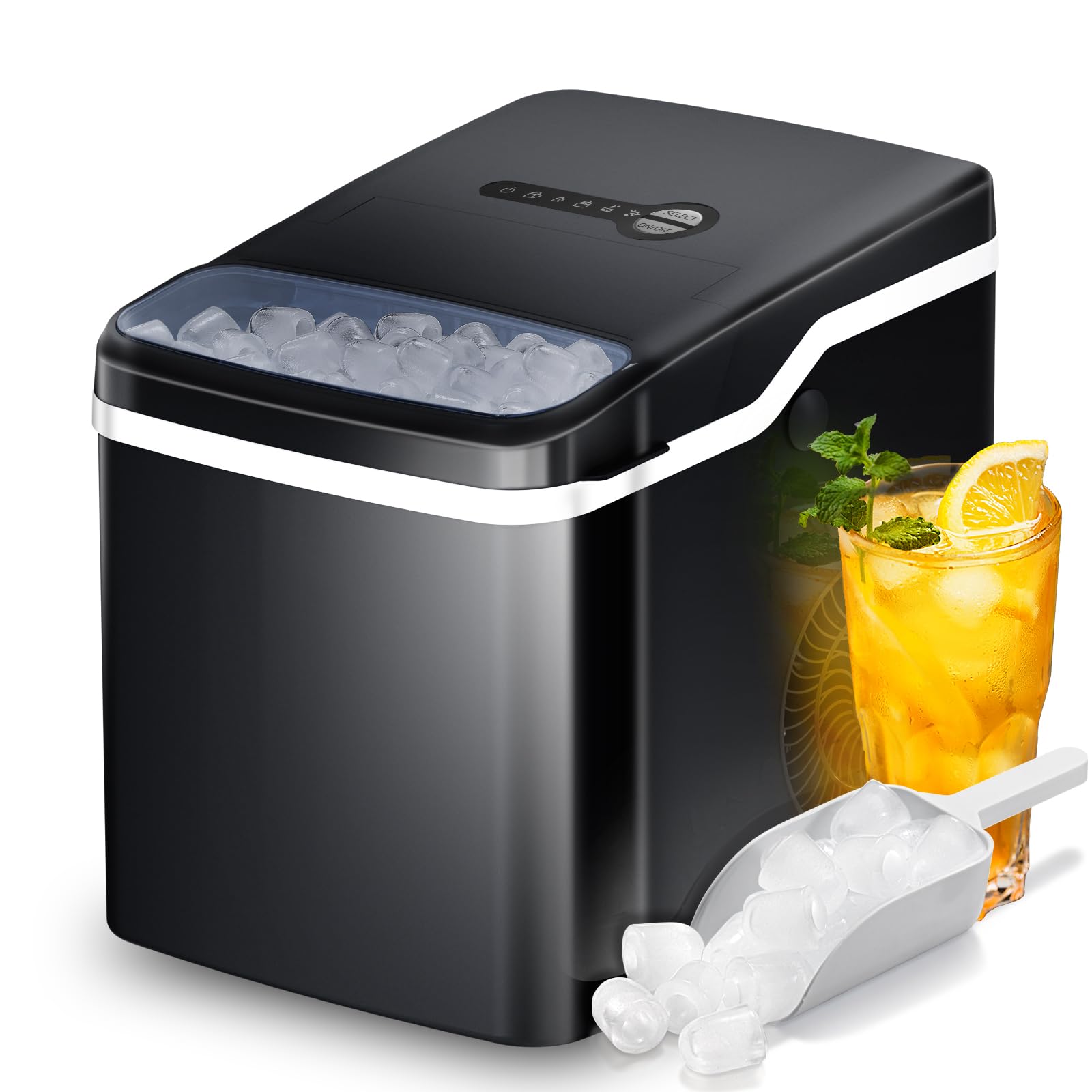 Crzoe Ice Makers Countertop,26.5Lbs/24H,Self-Cleaning Portable Ice Maker Machine with Handle,9 Bullet Cubes in 6 Mins,2 Sizes of Bullet Ice for Home/Kitchen(Black)