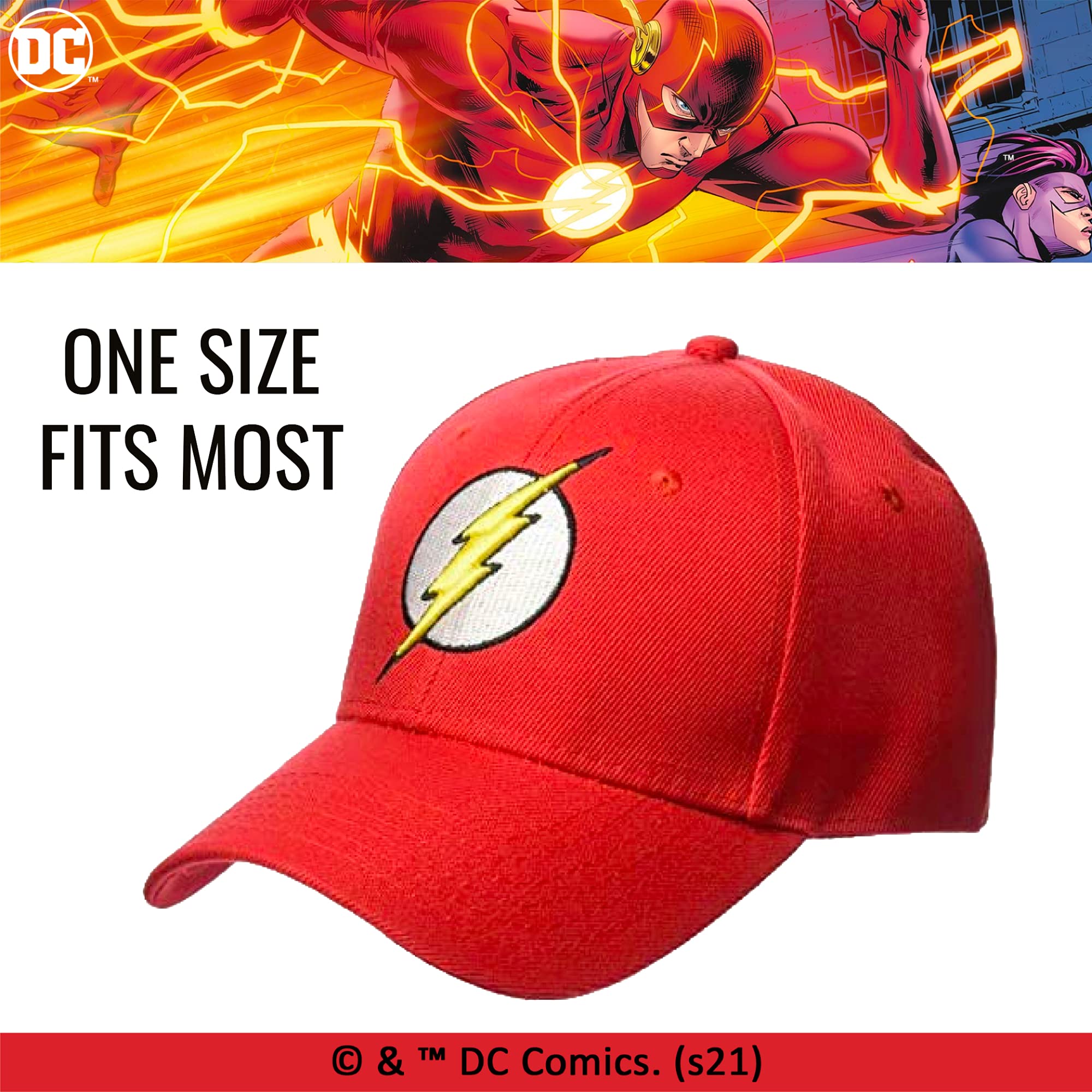 Concept One DC Comics The Flash Embroidered Logo Polyester Adjustable Baseball Cap with Curved Brim, Red, One Size