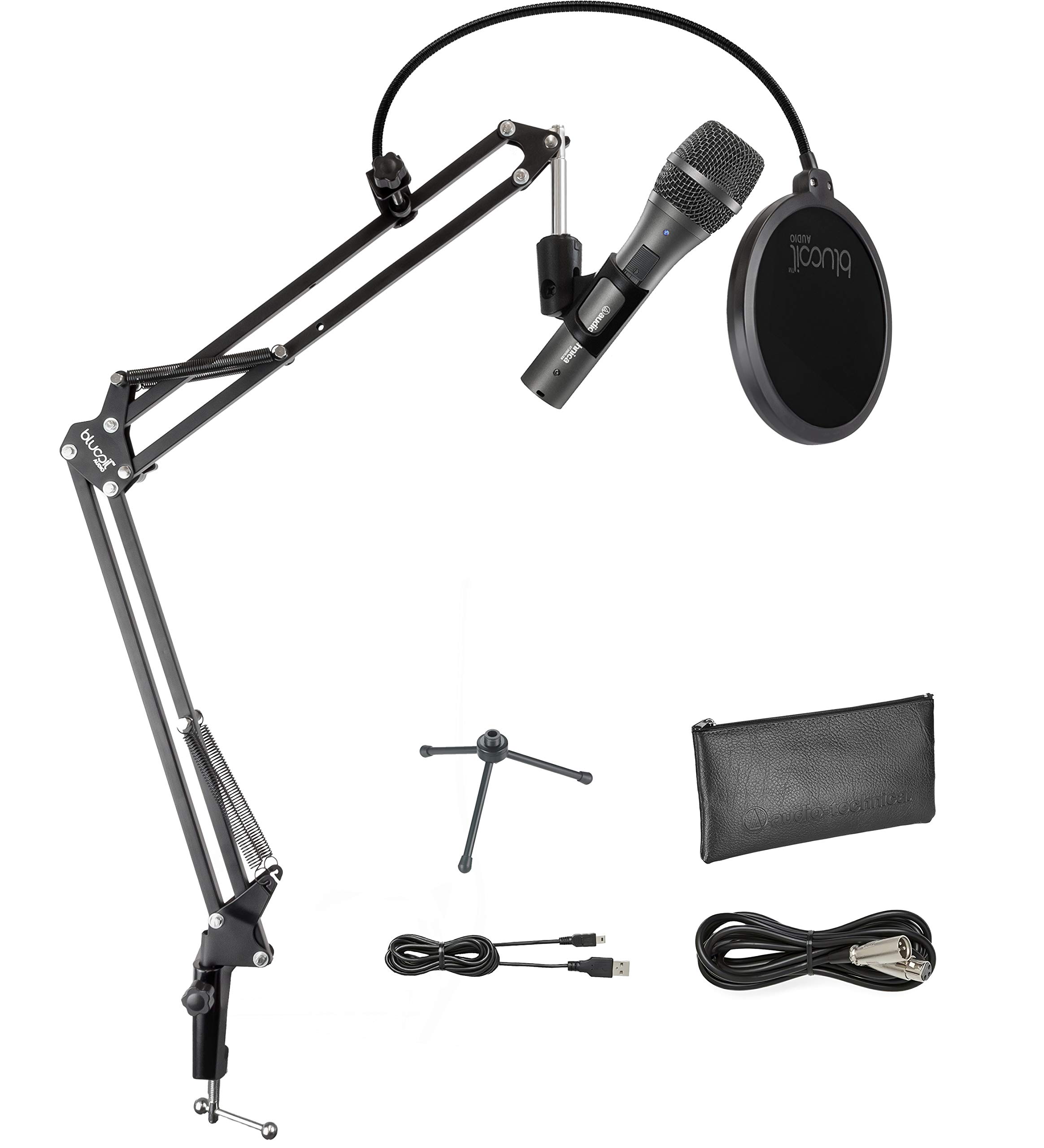 blucoil Audio Technica AT2005USB Cardioid Dynamic USB/XLR Microphone for PA Systems, Windows and Mac Bundle with Desk Tripod Mic Stand Boom Arm Plus Pop Filter