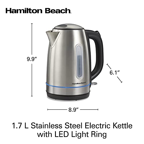 Hamilton Beach Electric Tea Kettle, Water Boiler & Heater, 1.7 Liter, Cordless Serving, 1500 Watts for Fast Boiling, Auto-Shutoff and Boil-Dry Protection, Stainless Steel with LED Light Ring (41037)