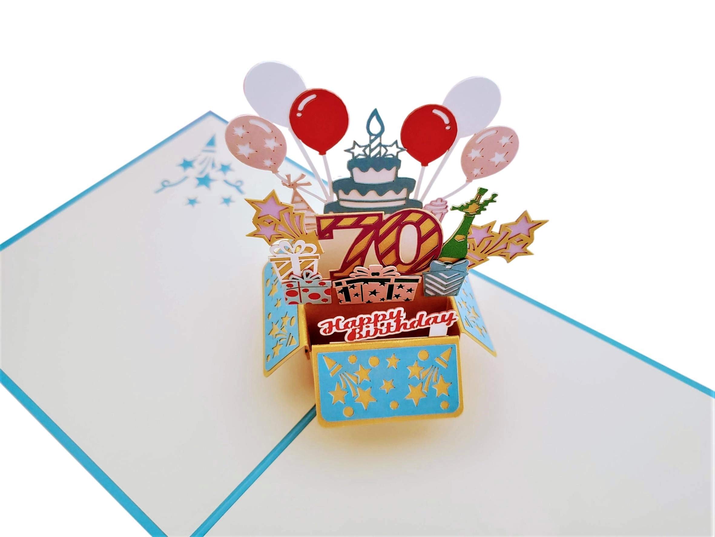 iGifts And Cards Happy 70th Blue Birthday Party Box 3D Pop Up Greeting Card – Seventy, Awesome, Balloons, Unique, Celebration, Feliz Cumpleaños, Fun, Festive