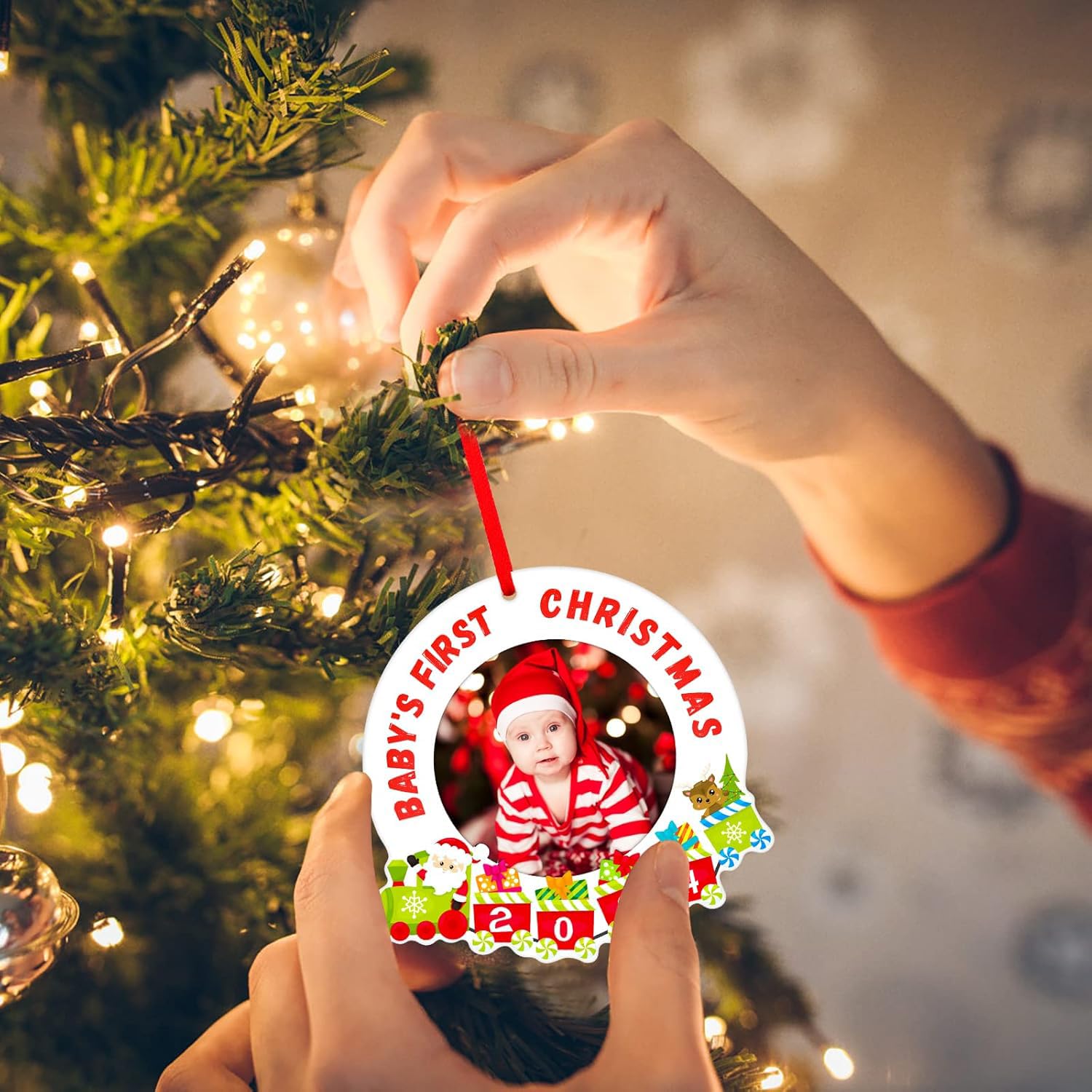 FaCraft Picture Frame Babys First Christmas Ornament 2024,1.77"x1.97" Photo Frame Baby's First Christmas Ornament 1st Train Personalized Baby Ornament Tree Decorations for Baby Boy Girl New Born
