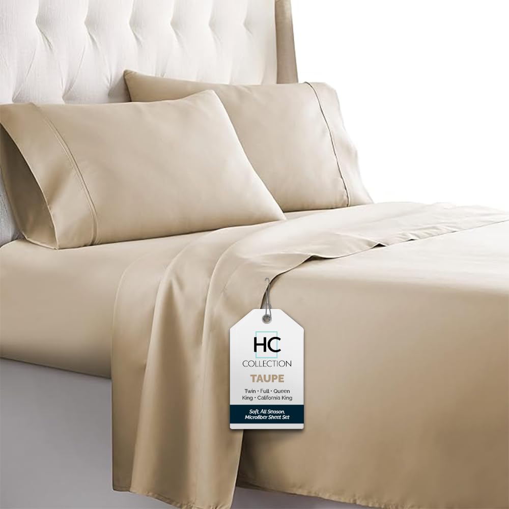California King Sheet Sets, 4 pc Bed Sheets & Pillowcases Set - Machine Washable for Easy Care - Soft & Breathable All Season Microfiber Sheets with Deep Pockets - Taupe