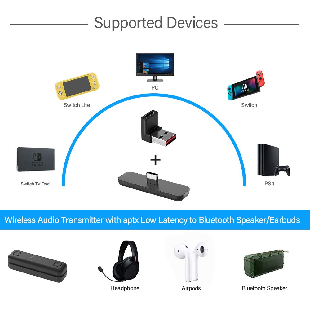 Bluetooth Adapter for Nintendo Switch Accessories USB-C Connector Wireless Audio Transmitter with aptX LL, Support in-Game Voice Chat,Connect AirPods PS5 Headphones - Black