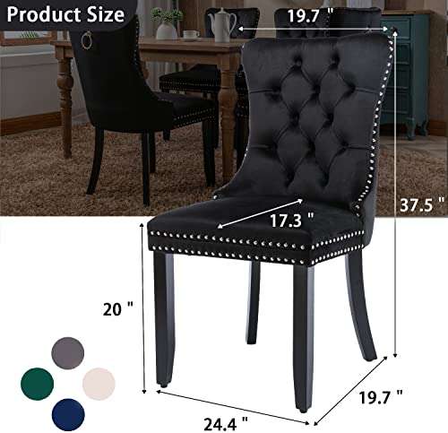GEEVIVO Velvet Dining Chairs Set of 2, Upholstered Tufted Dining Room Chairs with Nailhead Button Back and Ring Pull Trim, Solid Wood Legs Side Dining Chairs for Dining Room/Kitchen/Restaurant, Black