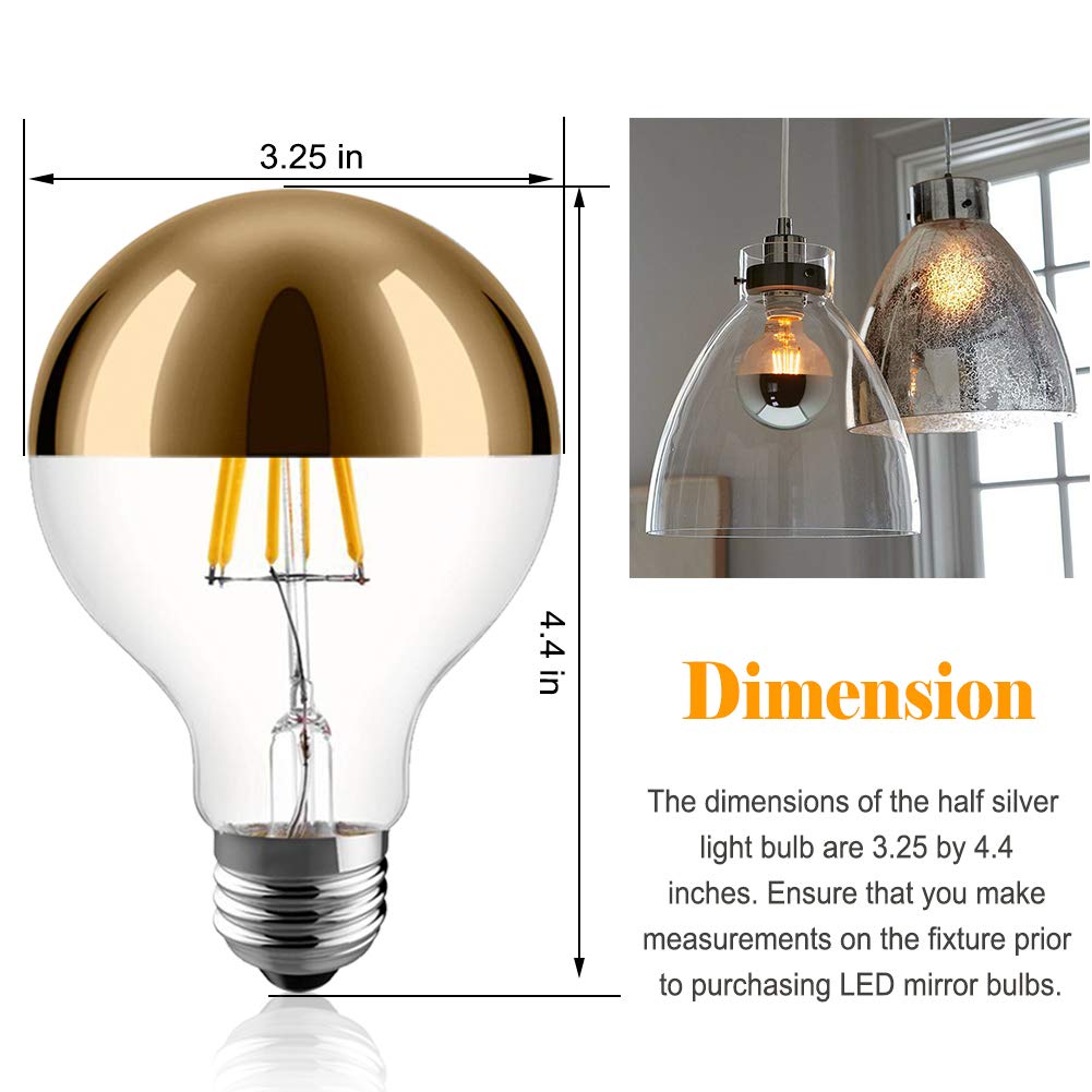KarlunKoy Half Chrome Light Bulb 6W (60W Equivalent) Dimmable LED Edison Bulb G80/G25 Globe Shape Decorative LED Bulb Half Gold Reflected Light 2700K Soft White E26 Base Pack of 4