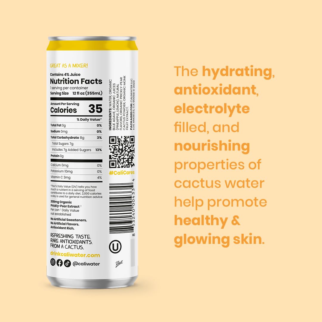Caliwater - Organic Cactus Water - Pineapple - 5g Sugar, 35 Calories - Coconut Water Alternative - Natural Plant Based Hydration - Skin Care, Electrolyte Drinks - Flavored Water Beverages - 12 Cans