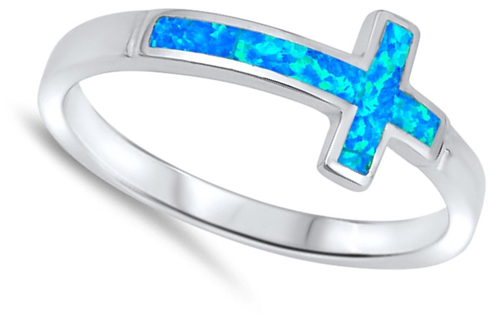 Blue Simulated Opal Sideways Cross Ring New .925 Sterling Silver Love Band Size 8