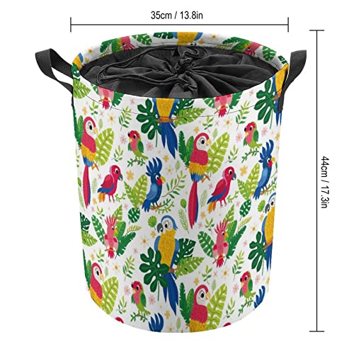 Cute Tropical Birds in Jungle Laundry Basket Round Collapsible Storage Bin with Drawstring and Handle for Bedroom Bathroom Toys Room 17.3" X 13.8"