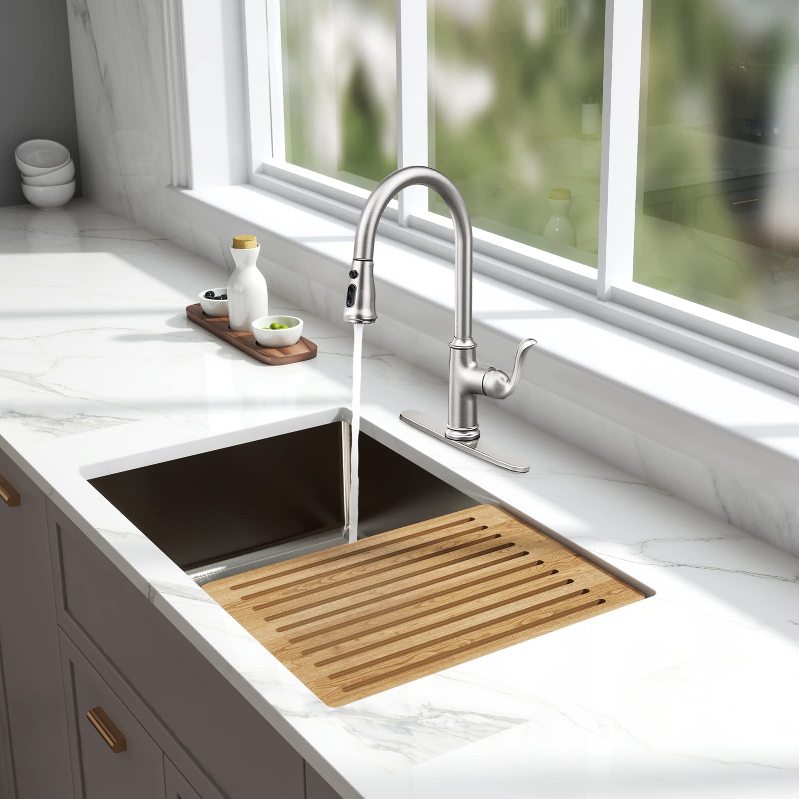 DJS Kitchen Faucet with Pull Down Sprayer, Single Handle Stainless Steel Pull Out Kitchen Sink Faucet, Brushed Nickel DJS-PK-009N-DP