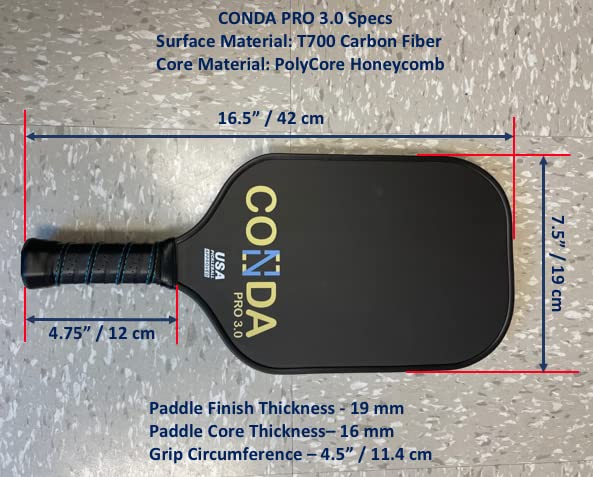 CONDA Pro 3.0 Pickleball Paddle *USAPA Approved* with T700 Carbon Surface for Excellent Spin, Optimal Control, and Expansive Power – Polypropylene Honeycomb Core in 16 mm Thickness. Quiet Paddle.