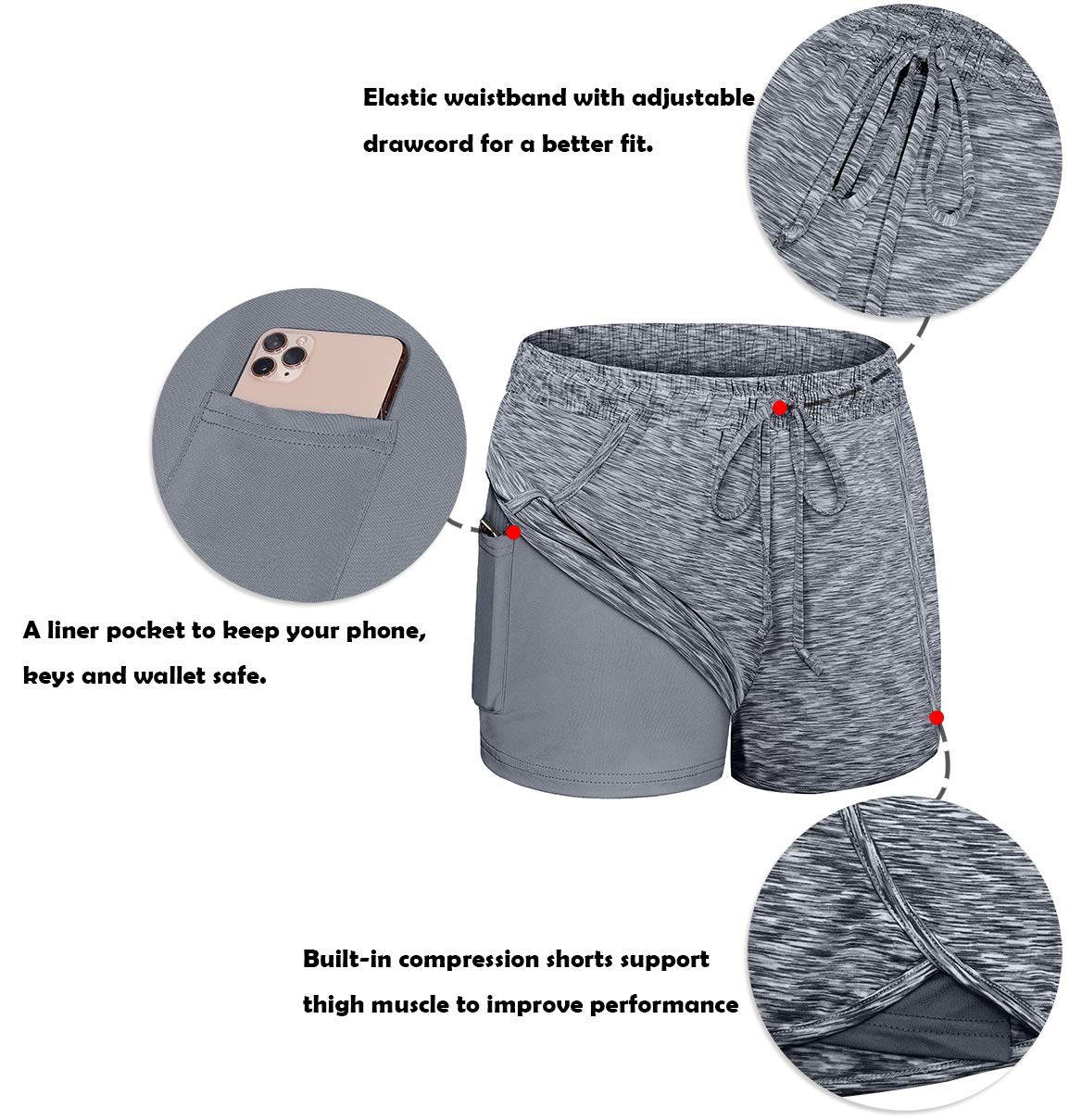 BLEVONH Shorts for Women Athletic,Stretchy Waistband Double Layers Yoga Athletic Short with Pocket Womens Lightweight Plus Sized Quick Dry Pickleball Workout Clothes Gray 2XL