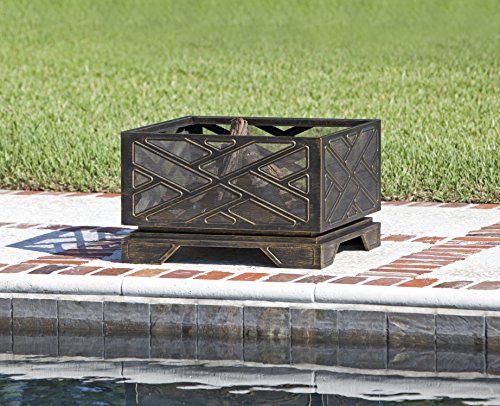 Fire Sense 62239 Fire Pit Catalano Wood Burning Lightweight Portable Outdoor Firepit Backyard Fireplace for Camping Bonfire Included Screen Lift Tool & Cooking Grate - Square - Antique Bronze Finish