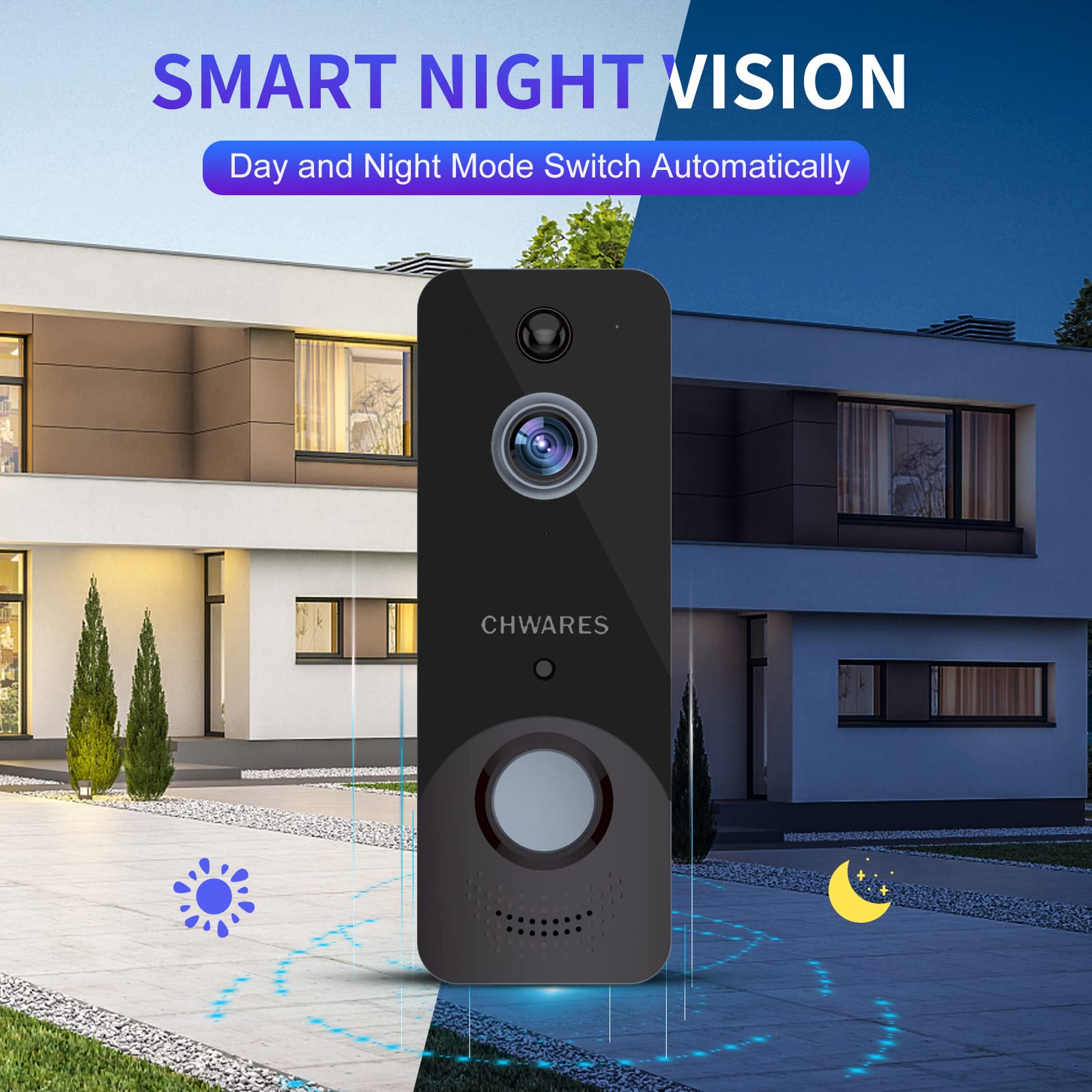 CHWARES 2022 New Wireless Video Doorbell Camera with Chime, 1080P HD Smart Door Bell Motion Detector, 2-Way Audio, Night Vision, Battery Powered, Free Cloud Storage